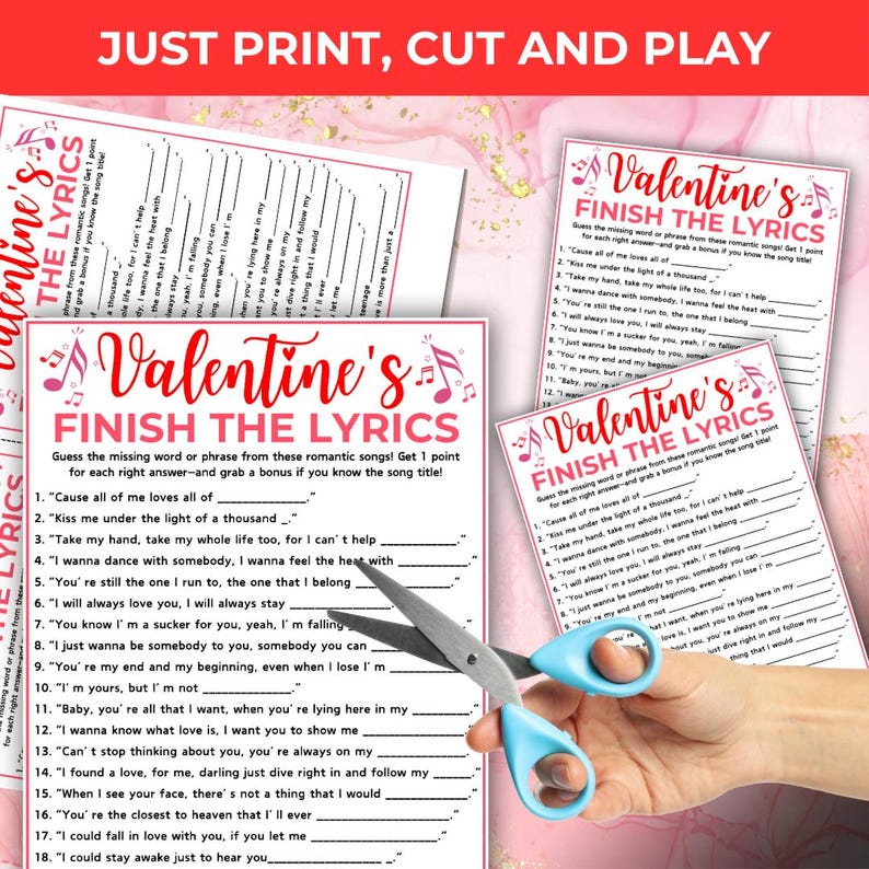 Printable Finish the Lyrics Game, Valentines Games, Valentine Party ...
