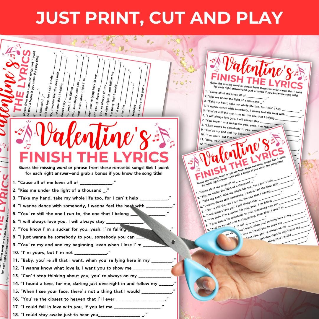 Printable Finish the Lyrics Game, Valentines Games, Valentine Party ...