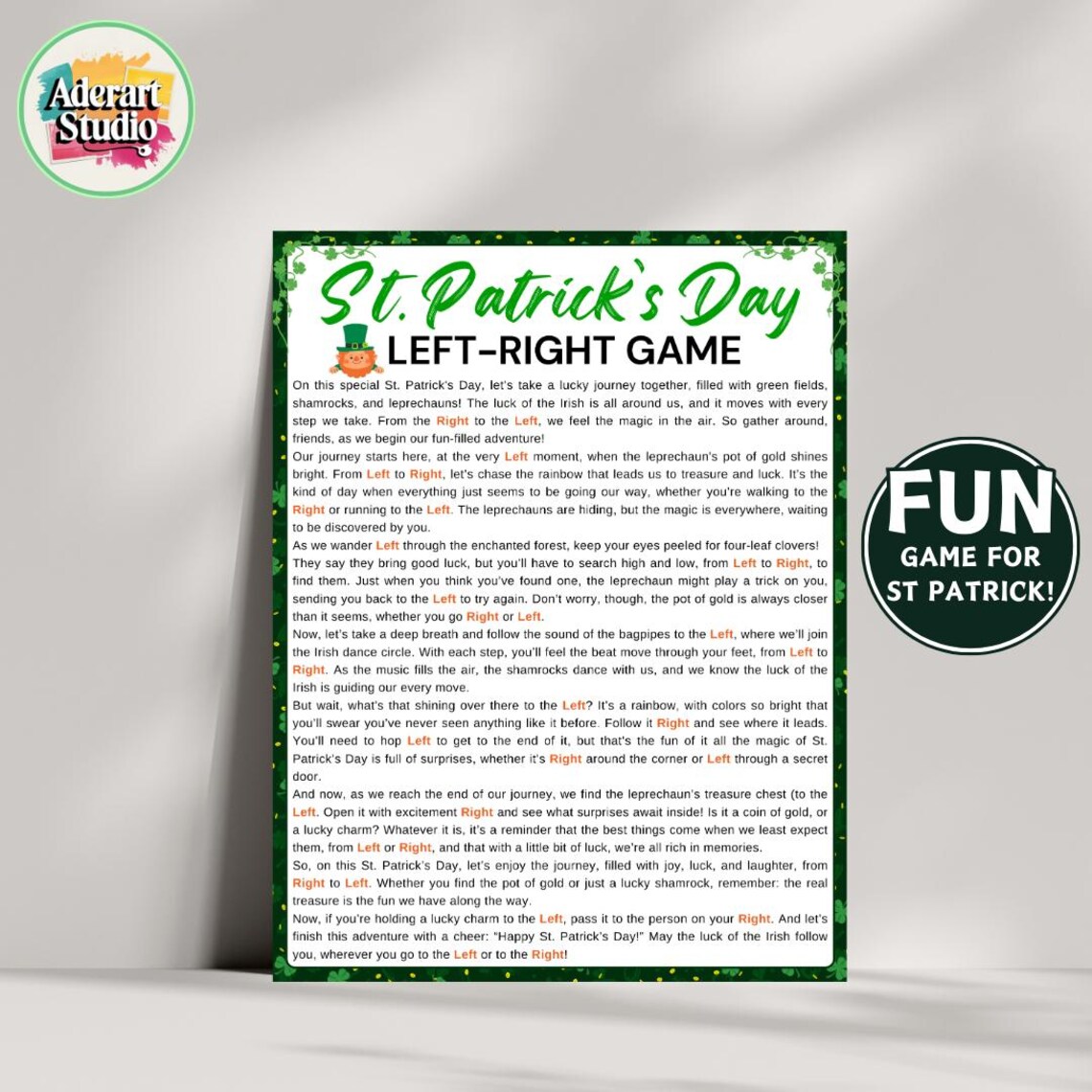 Left Right St. Patrick's Day Game, Pass the Prize Gift Exchange Game ...