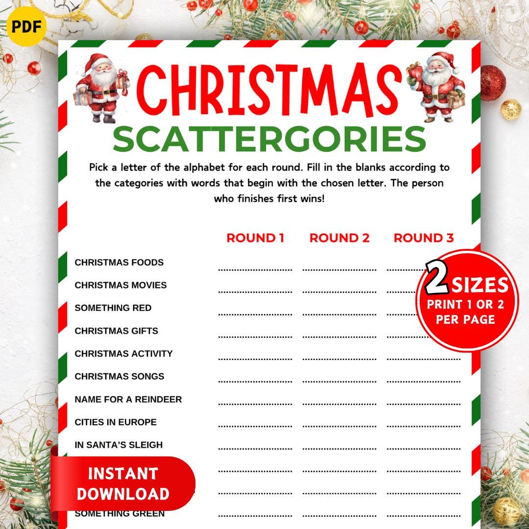 Christmas Scattergories Game, Printable Christmas Games, Category ...