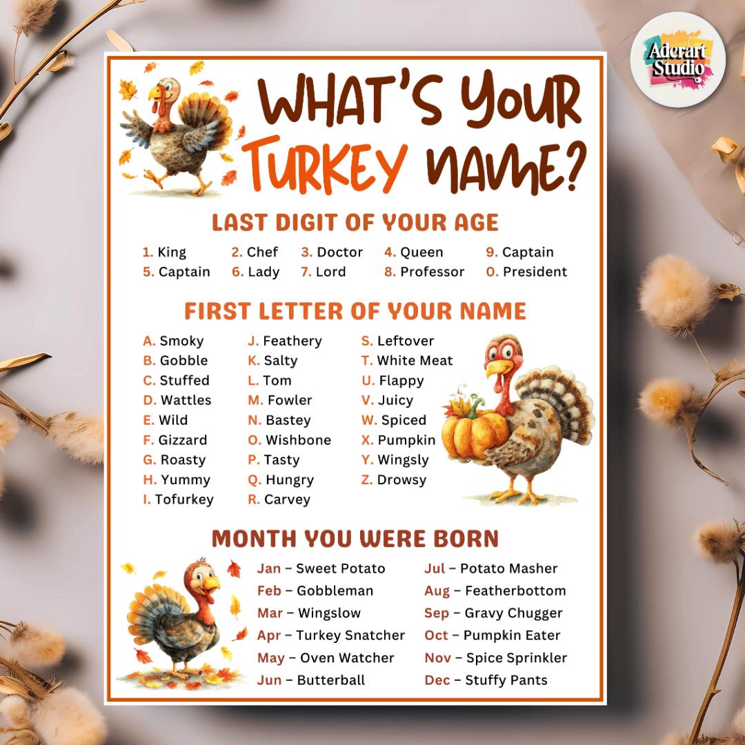 What's Your Turkey Name Game With Nametags, Printable Thanksgiving Game ...