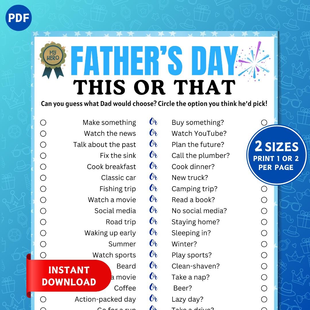 Printable Father's This or That Game, Fathers Day Party Game, Fathers ...