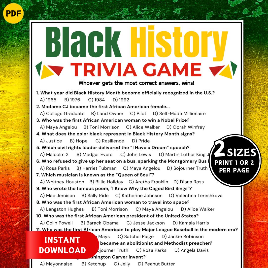 Black History Trivia Game, Printable Black History Games, Black History ...