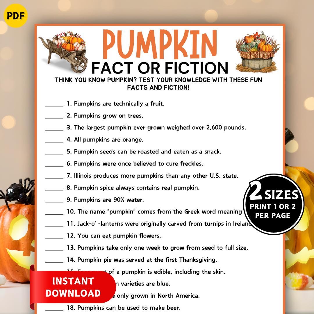Pumpkin Fact or Fiction Game, Pumpkin Trivia Quiz, Printable Autumn ...