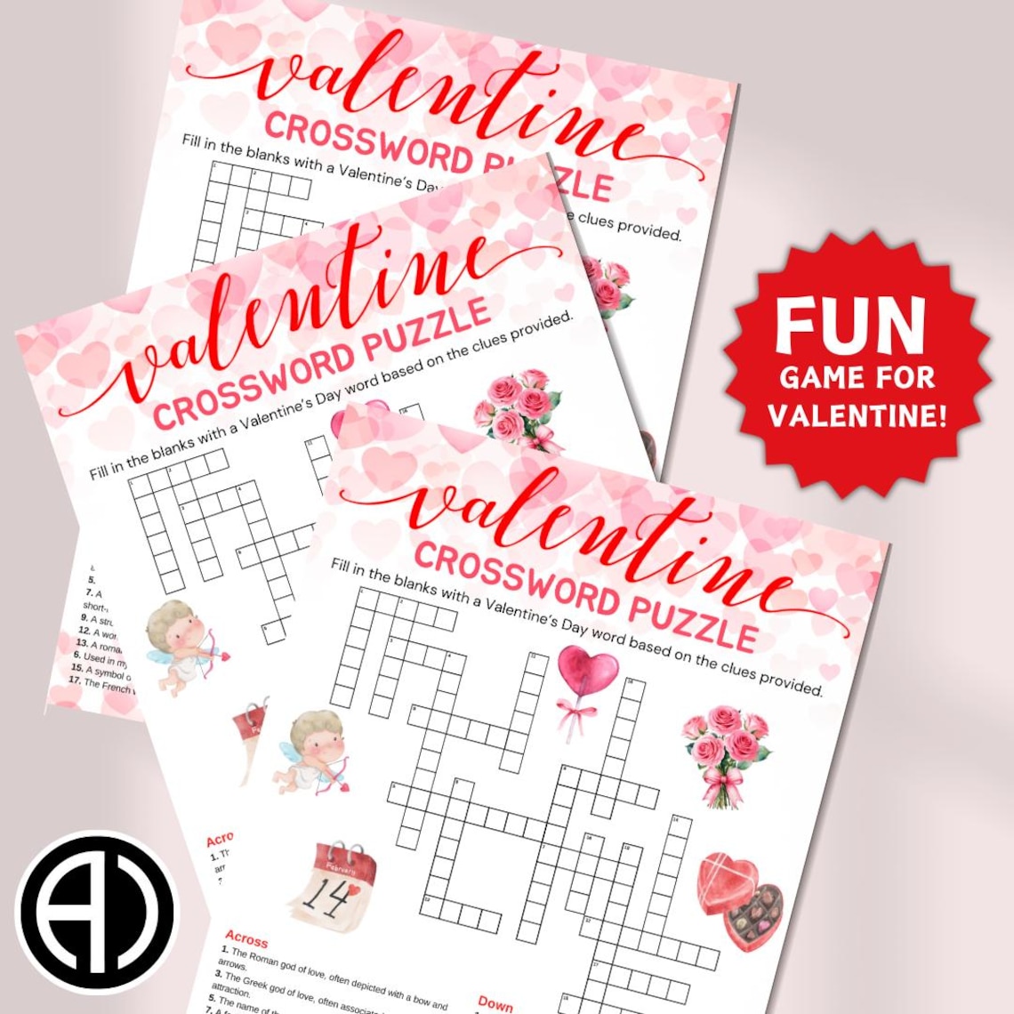 Printable Valentines Day Crossword Puzzle, Valentine Party Game for ...