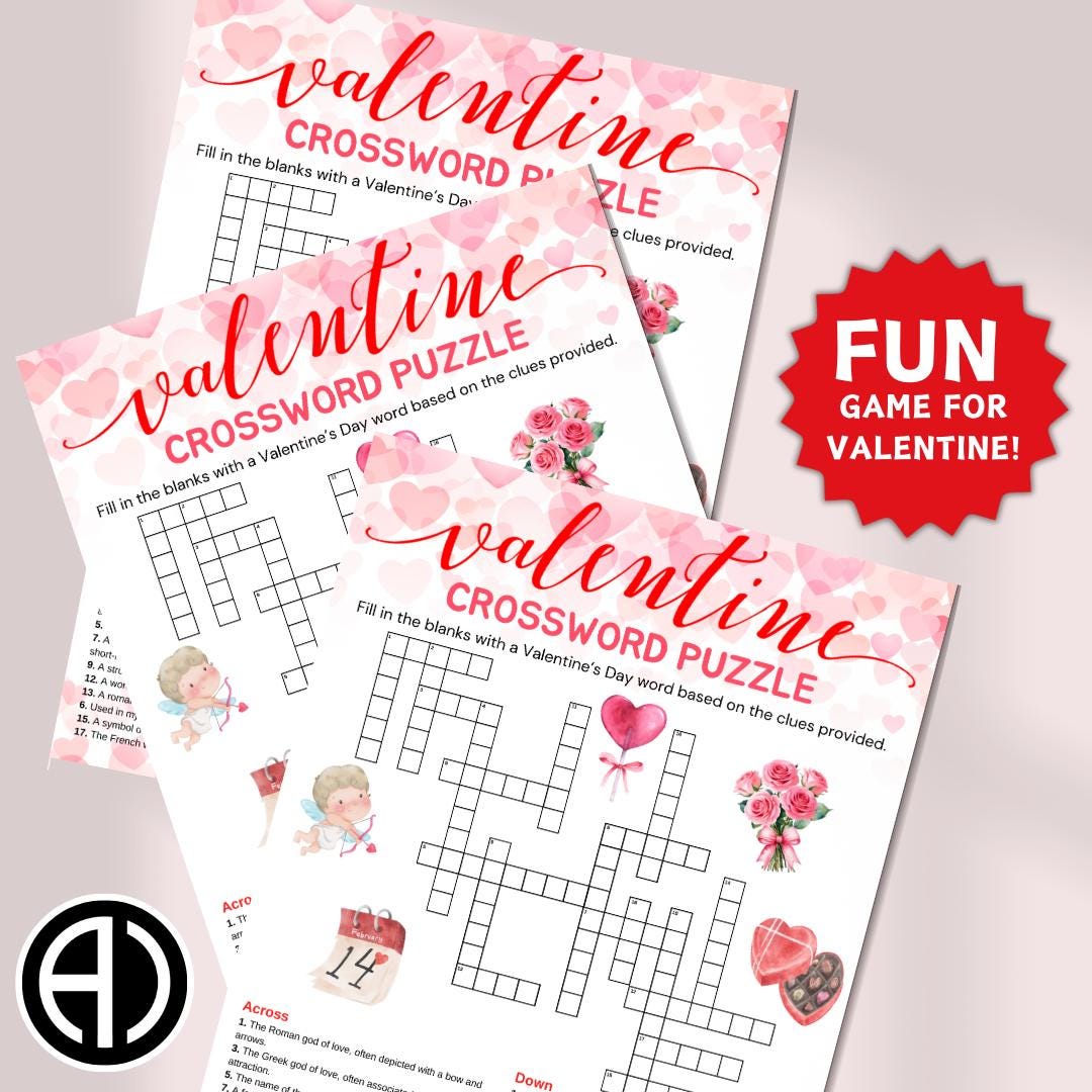 Printable Valentines Day Crossword Puzzle, Valentine Party Game for ...