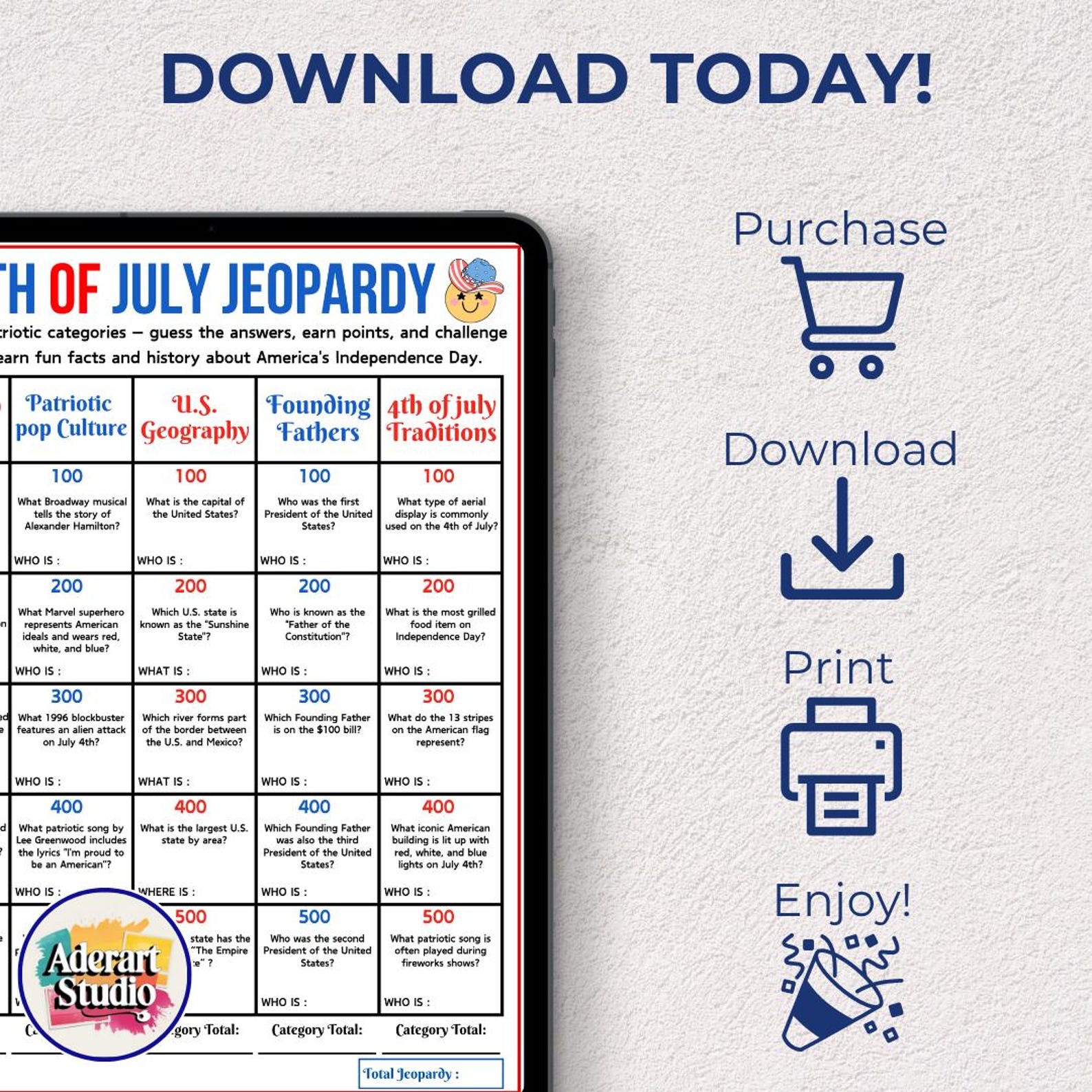 4th of July Jeopardy Game, American Trivia Game, Independence Day Quiz ...