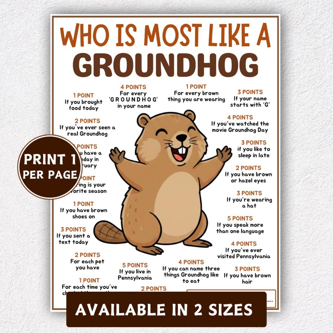 Who is Most Like a Groundhog Game, Punxsutawney Phil Printable Games ...
