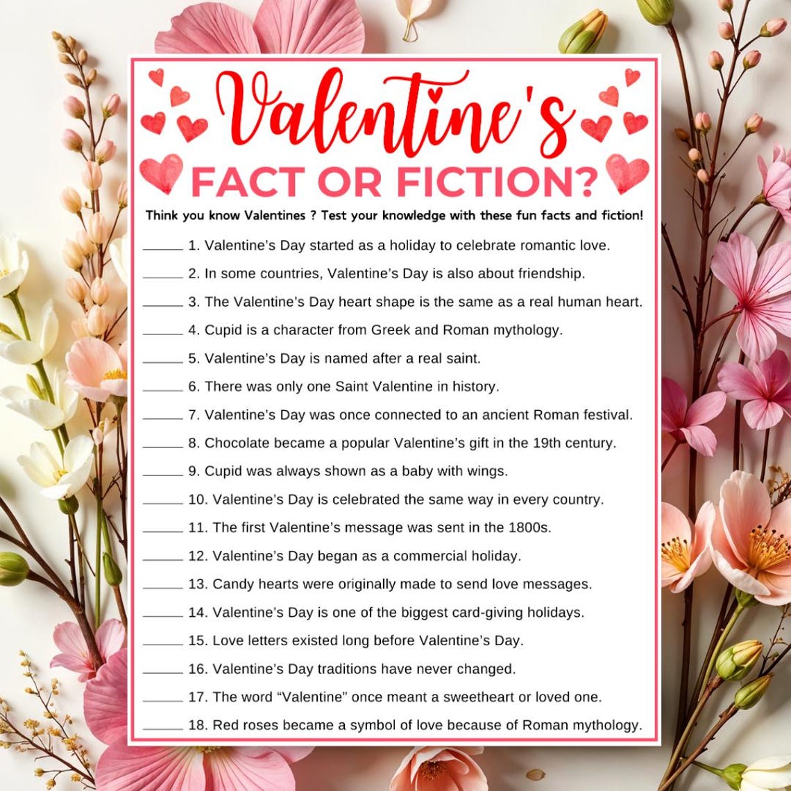 Valentine's Day Fact or Fiction Game, Printable Trivia Party Game ...