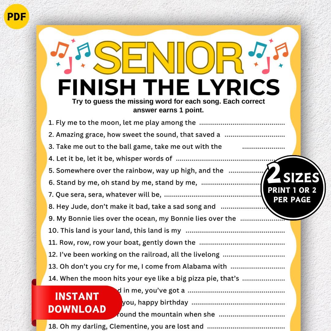 Printable Finish the Lyrics Game, Song Game for Seniors Citizens, Song ...