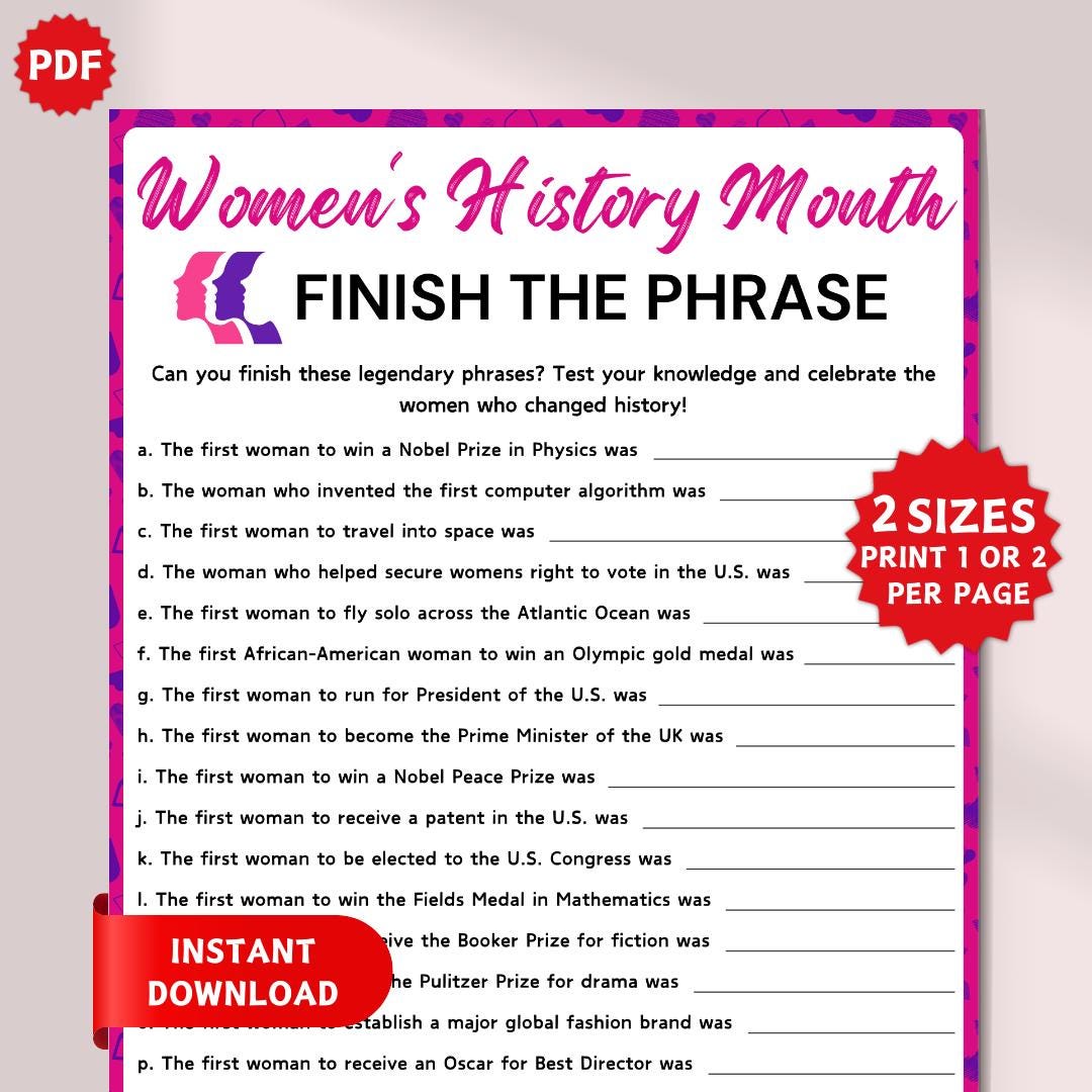 Women's History Month Finish the Phrase Game, Women's Day Trivia Game ...