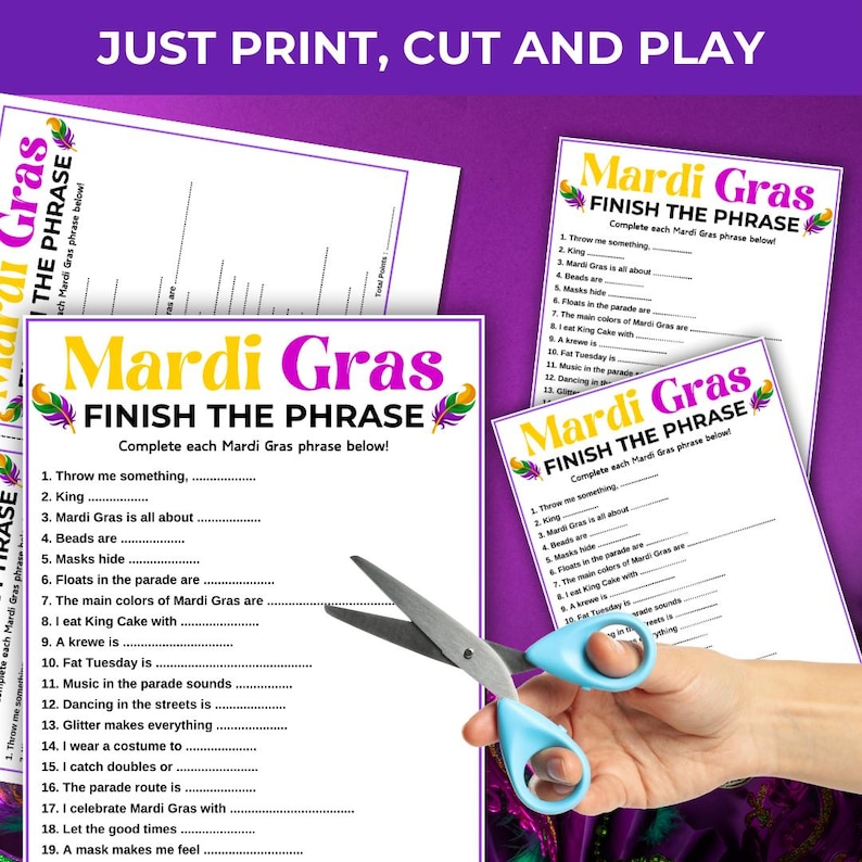Mardi Gras Finish the Phrase Game, Mardi Gras Party Games, Printable ...