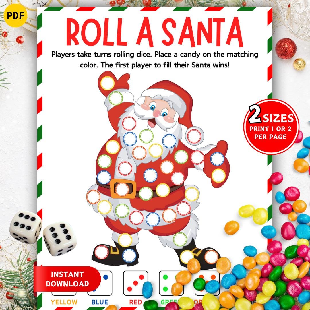 Roll a Santa Game, Printable Christmas Games, Holiday Activity for Kids ...