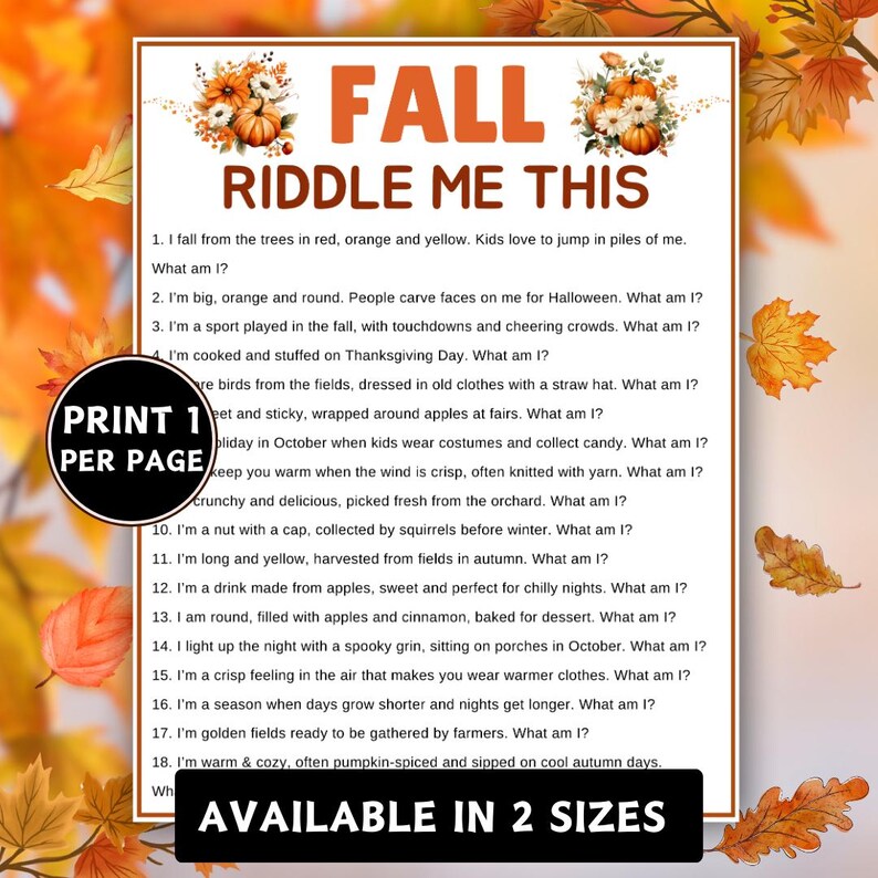 Fall Riddle Me This, Autumn Trivia Games, Family Fall Game Printable ...