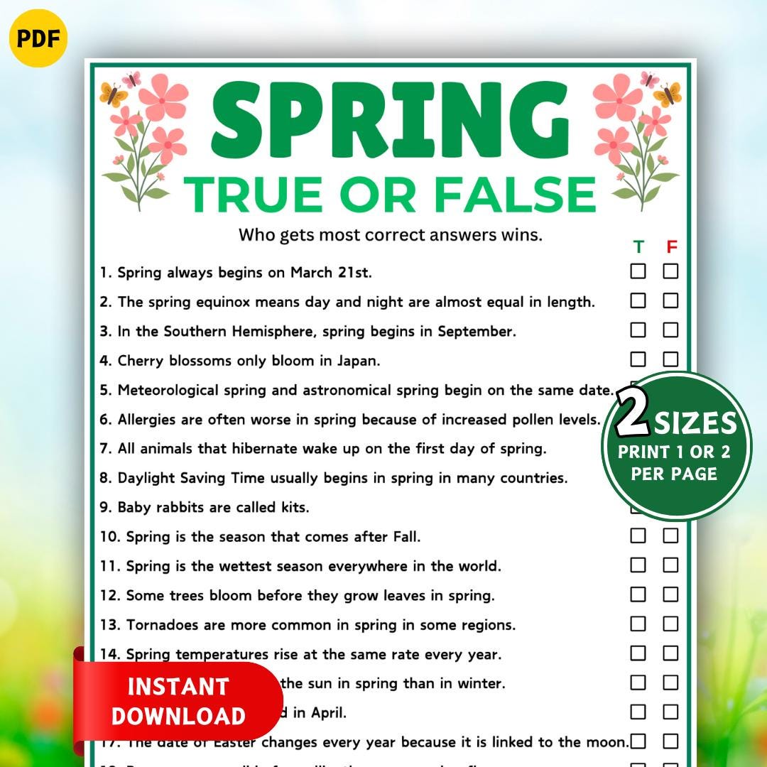 Spring Trivia Game, True or False Game, Printable Spring Party Games ...