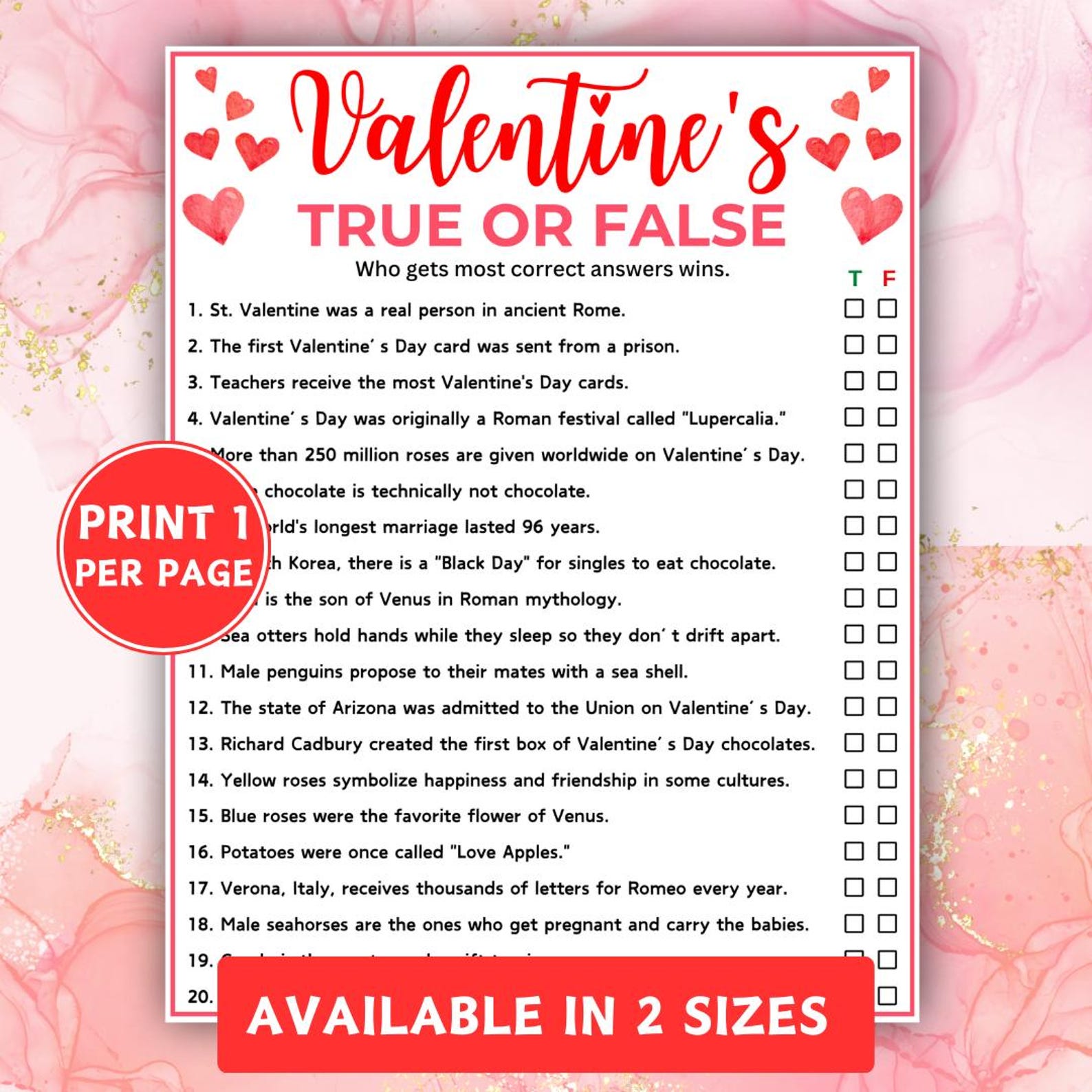 Valentine's Day True or False Game, Printable Valentines Day Game ...