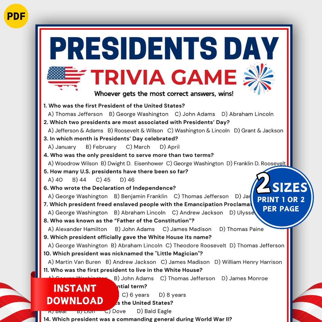 Presidents' Day Trivia Game, Printable Patriotic Trivia Quiz, Fun ...