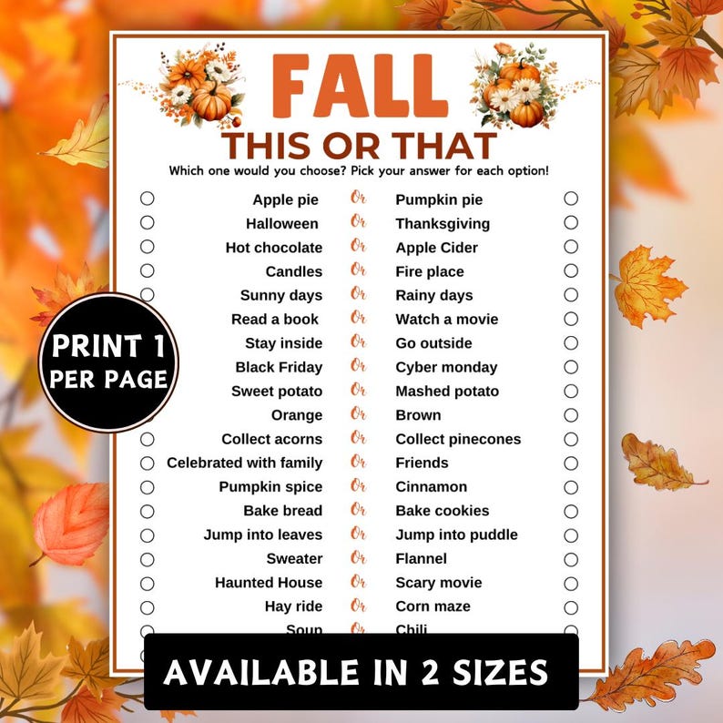 Fall This or That Game, Would You Rather, Printable Autumn Games, Fall ...