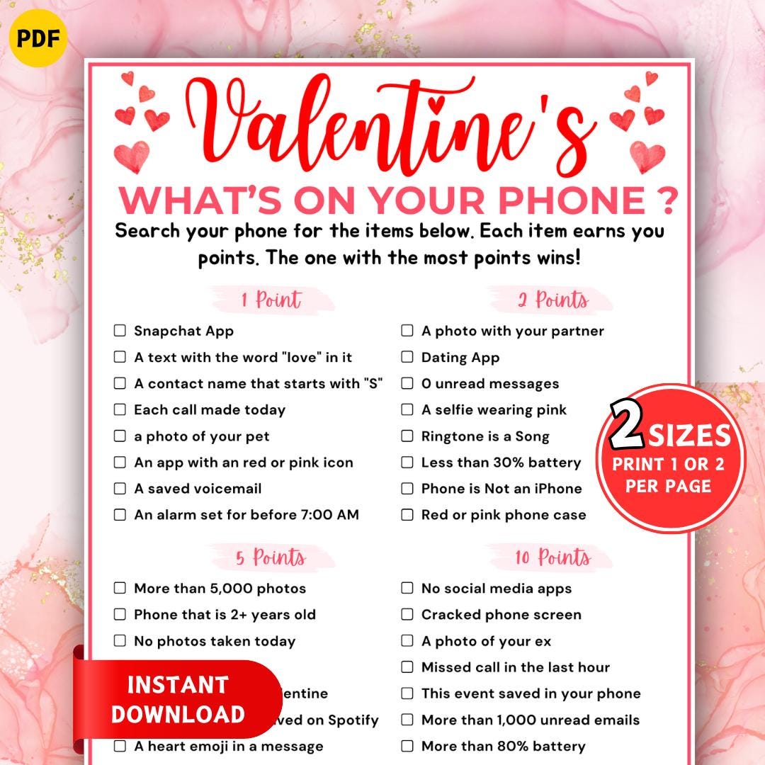 Valentine's Day What's on Your Phone Game, Valentines Printable Games ...
