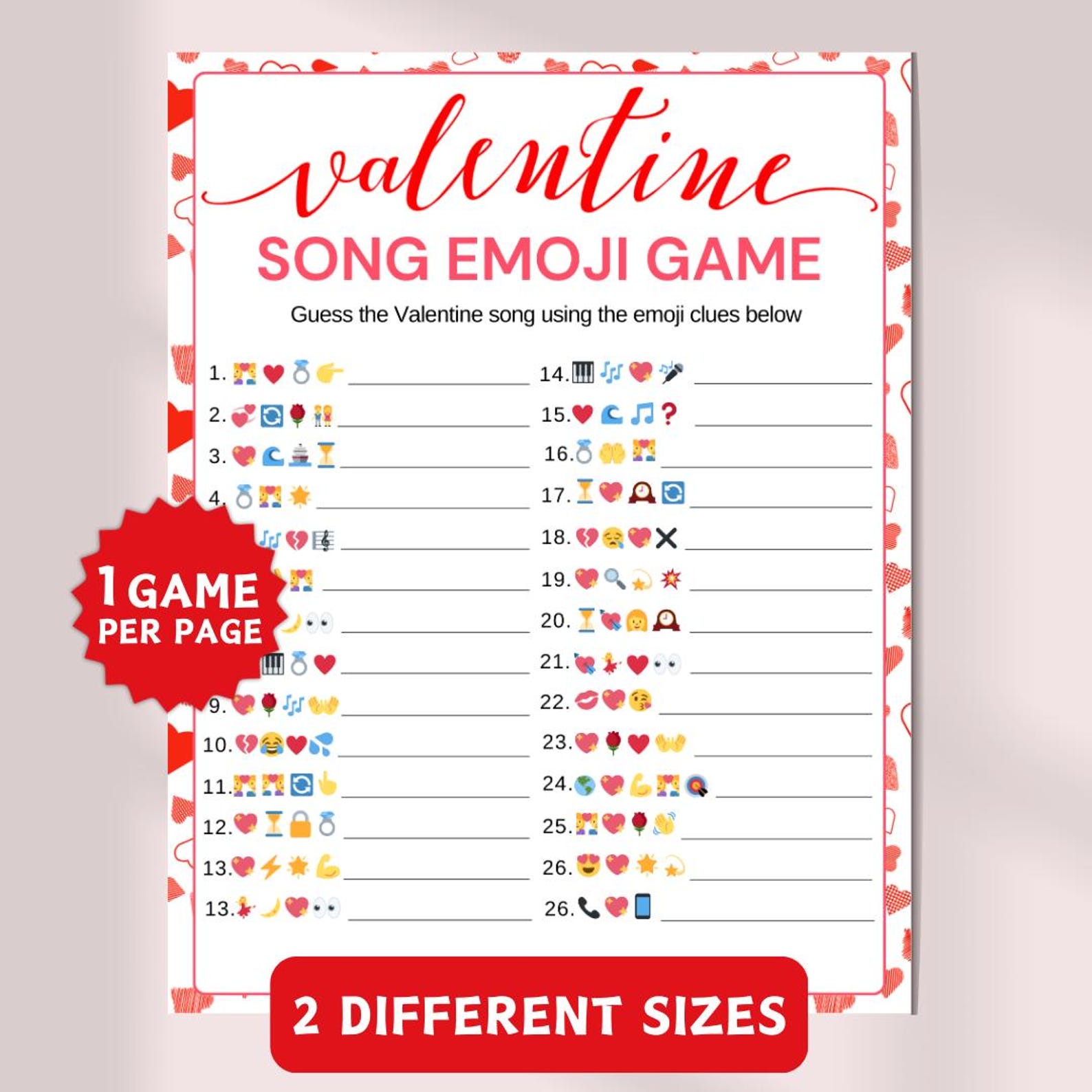 Valentine's Day Song Emoji Game, Printable Valentines Songs Game, Guess ...