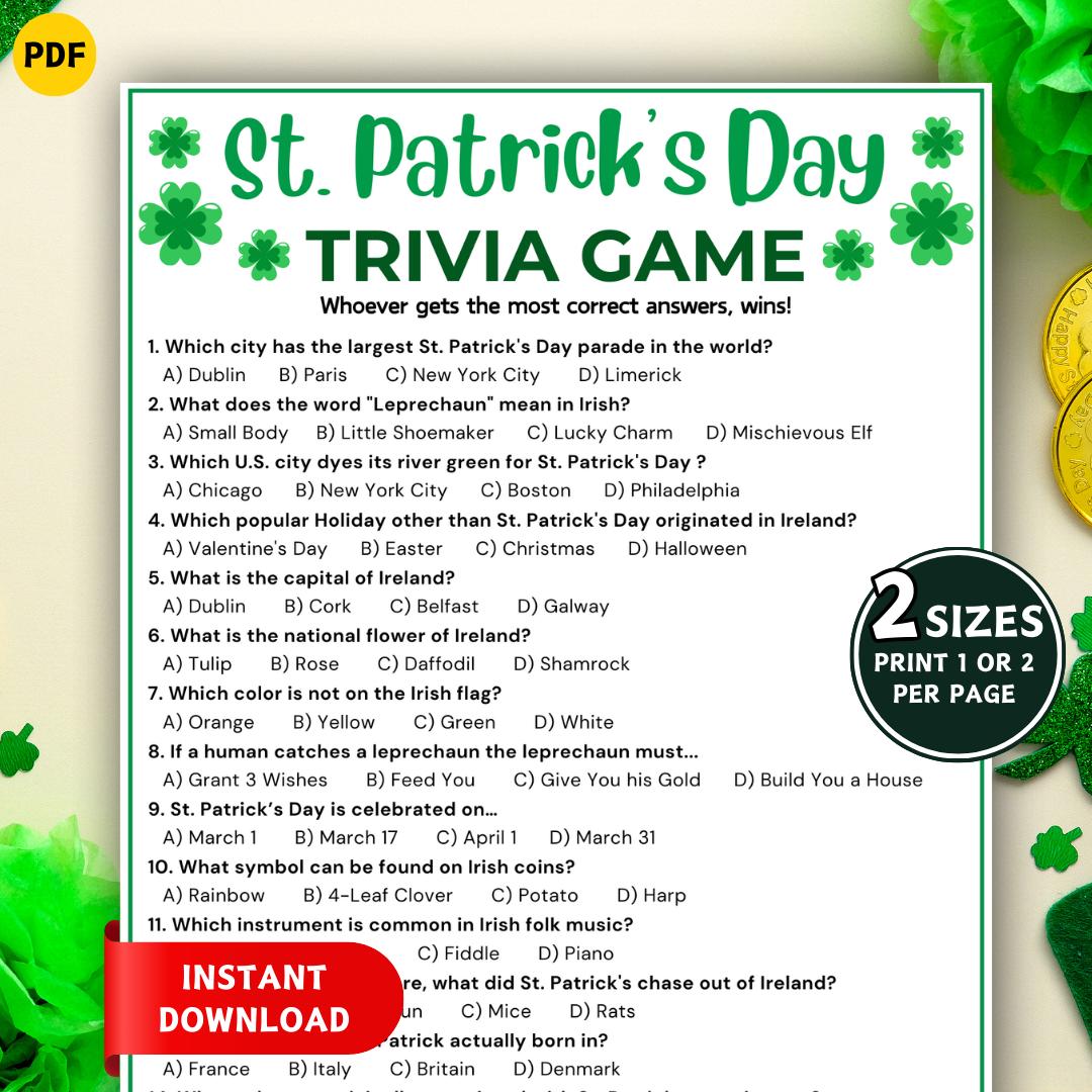 St. Patrick's Day Trivia Game, Printable St Patricks Day Games, Holiday ...