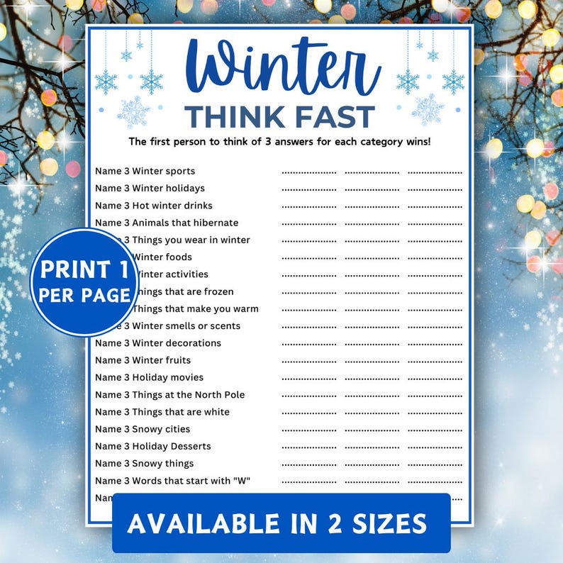 Winter Think Fast Game! Printable Winter Games, Think Quick Trivia Game ...