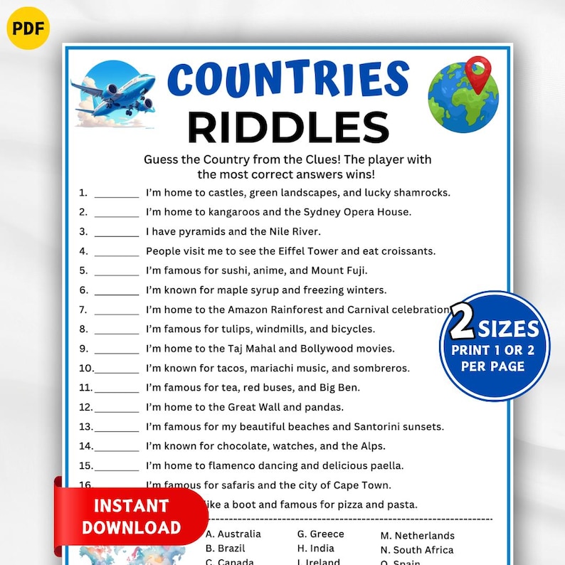 Countries Riddles Game With Answers, Printable Party Game for Kids ...