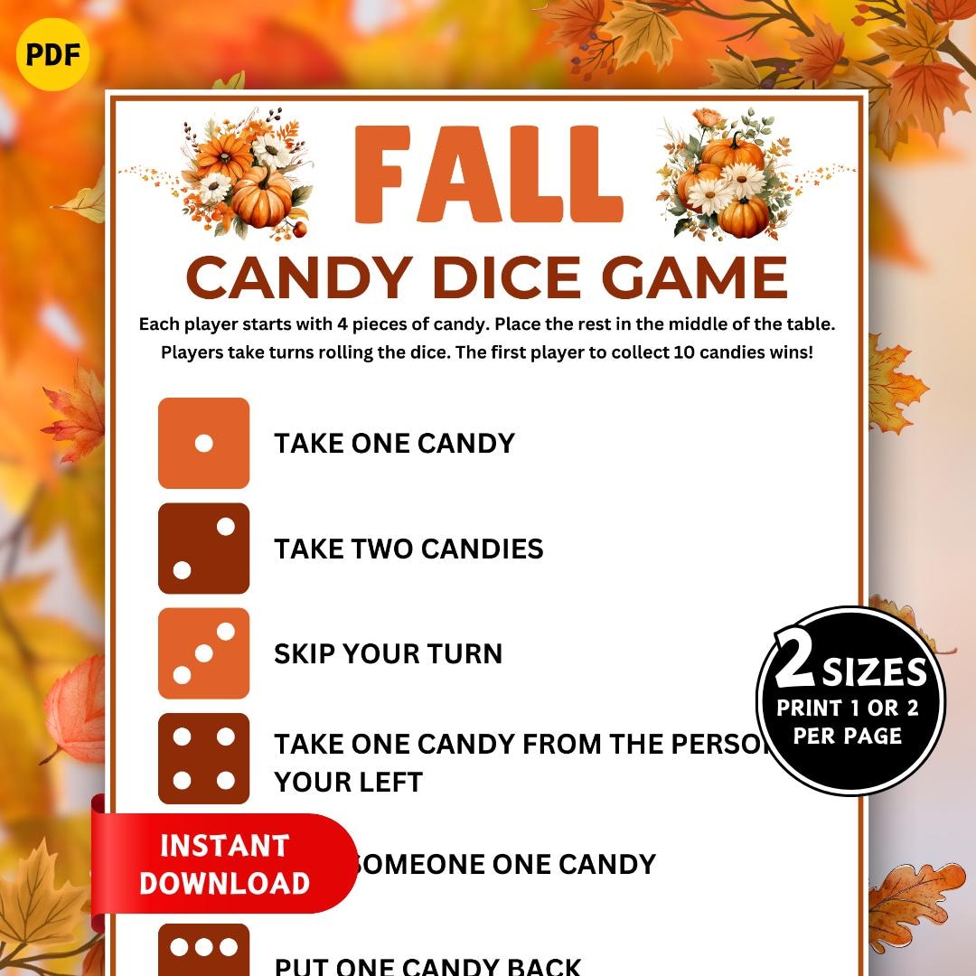 Fall Candy Dice Game, Printable Fall Game, Autumn Activity for Kids and ...