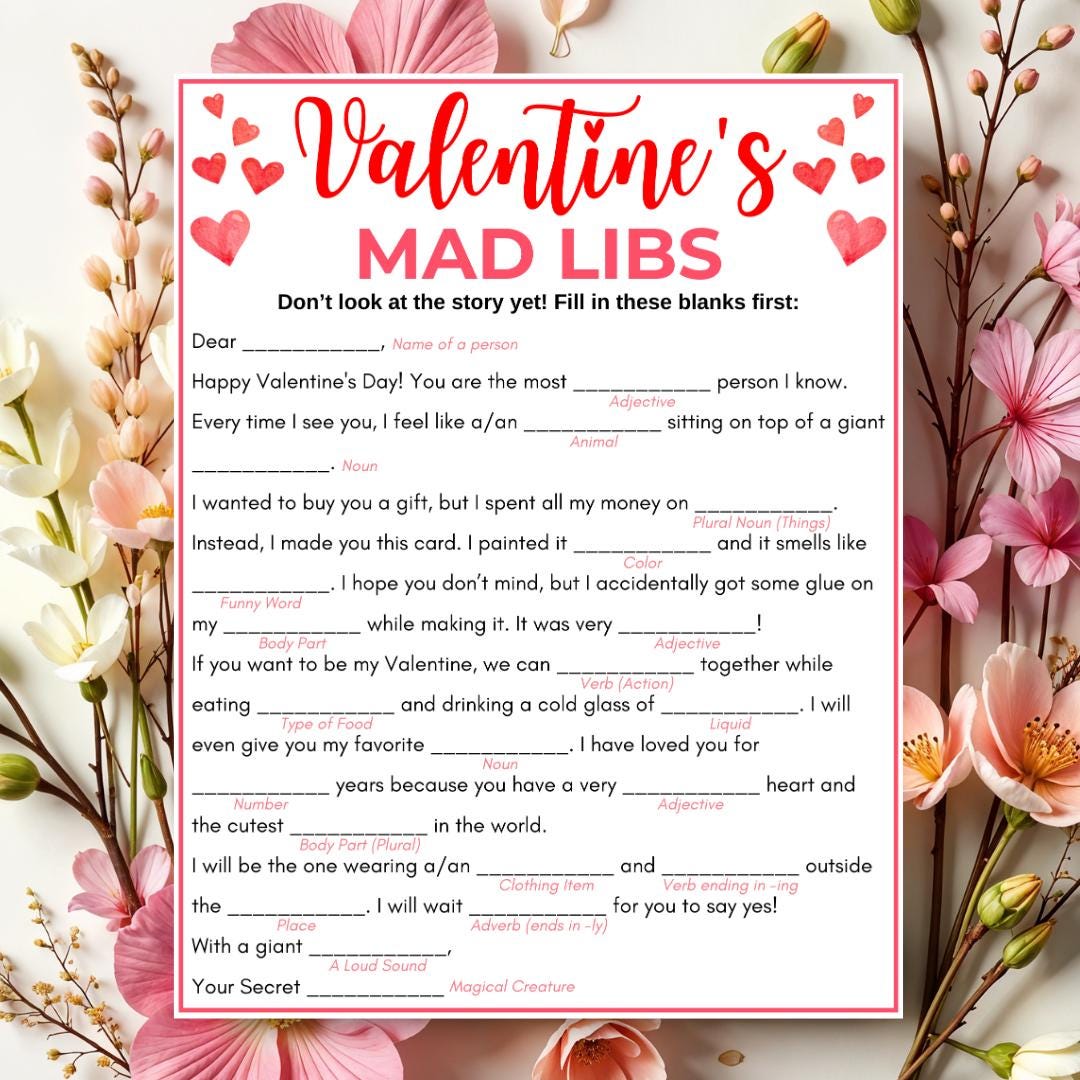 Valentine's Day Mad Libs Game, Printable Games for Kids, Children's ...