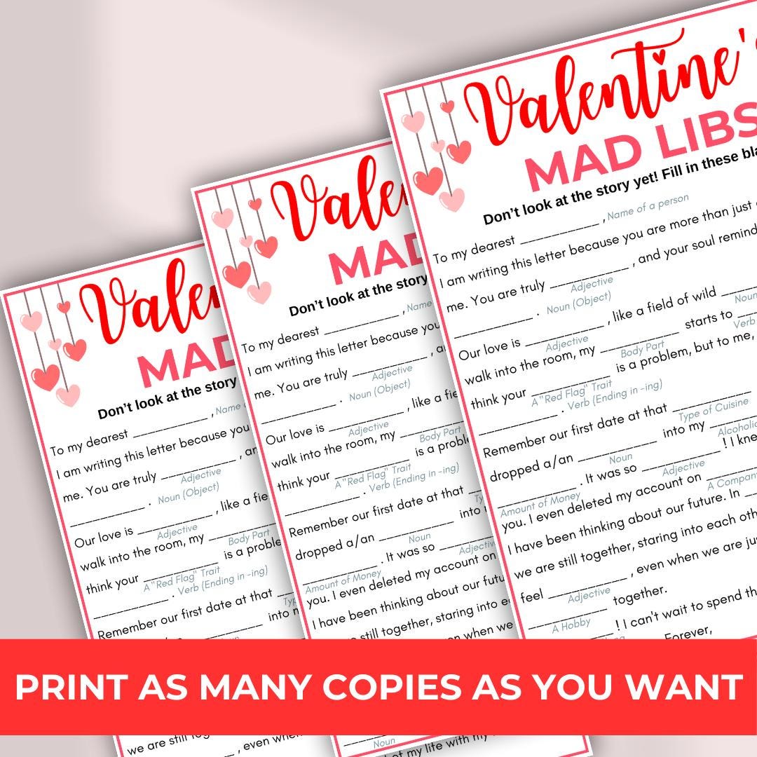 Valentine's Day Mad Libs, Printable Valentines Story, Valentine Party ...