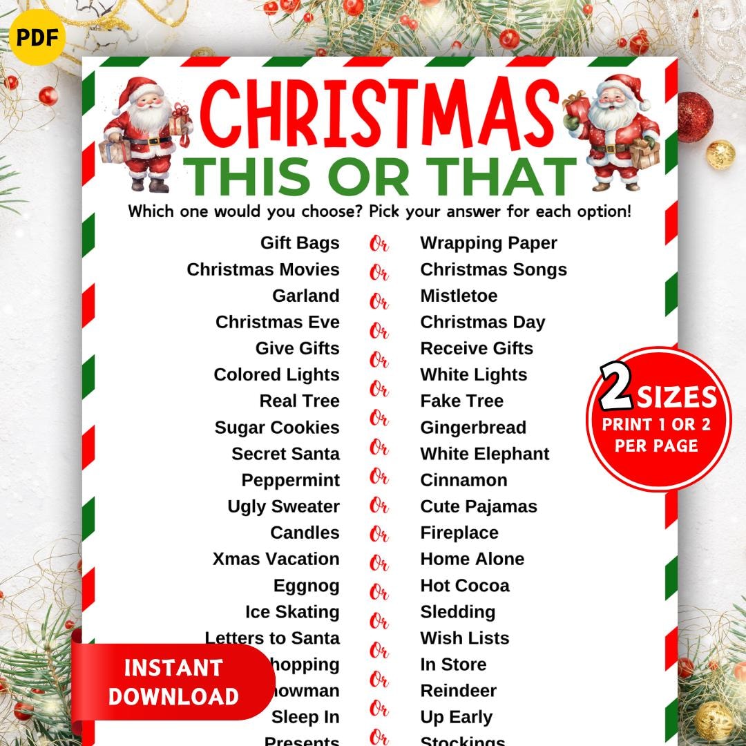 Christmas This or That Game, Would You Rather, Printable Christmas Game ...
