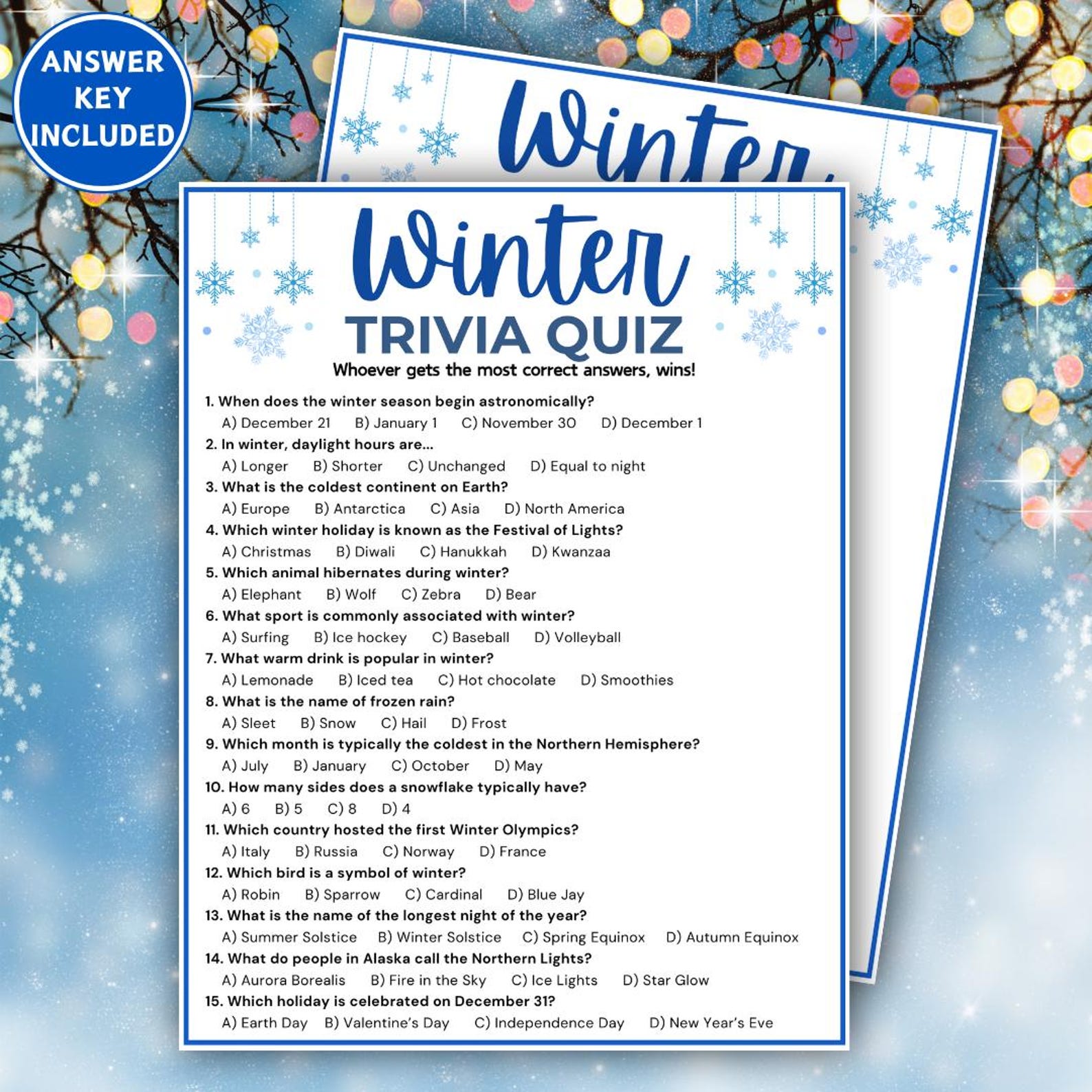 Winter Trivia Game, Winter Trivia Quiz, Printable Winter Game, Winter ...