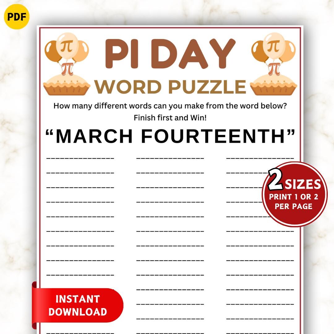 Printable Pi Day Game, Pi Day Word Game, Family Games, Word Puzzle Game ...