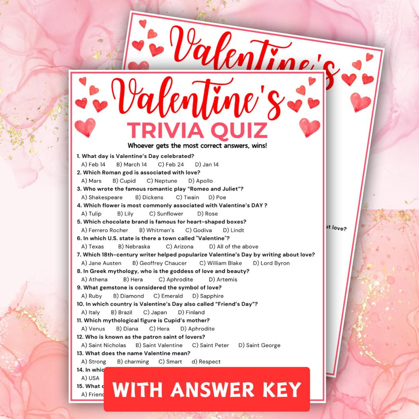 Valentine's Day Trivia Game, Printable Valentines Day Party Game ...