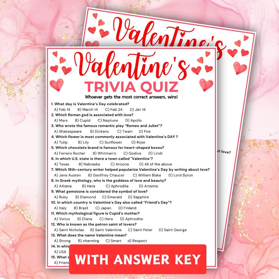 Valentine's Day Trivia Game, Printable Valentines Day Party Game ...