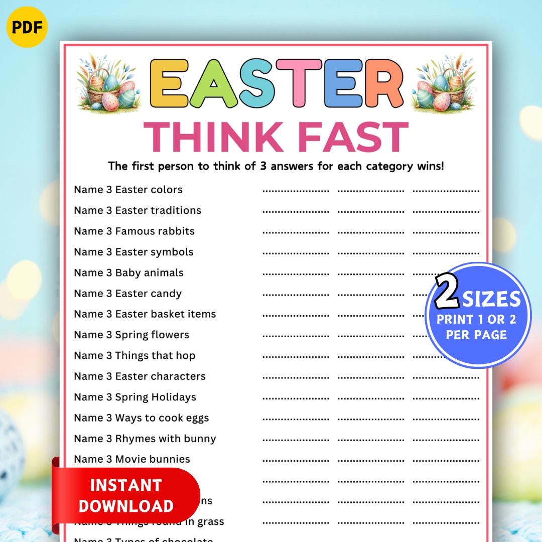 Easter Think Fast Game! Printable Easter Games, Think Quick Trivia Game ...