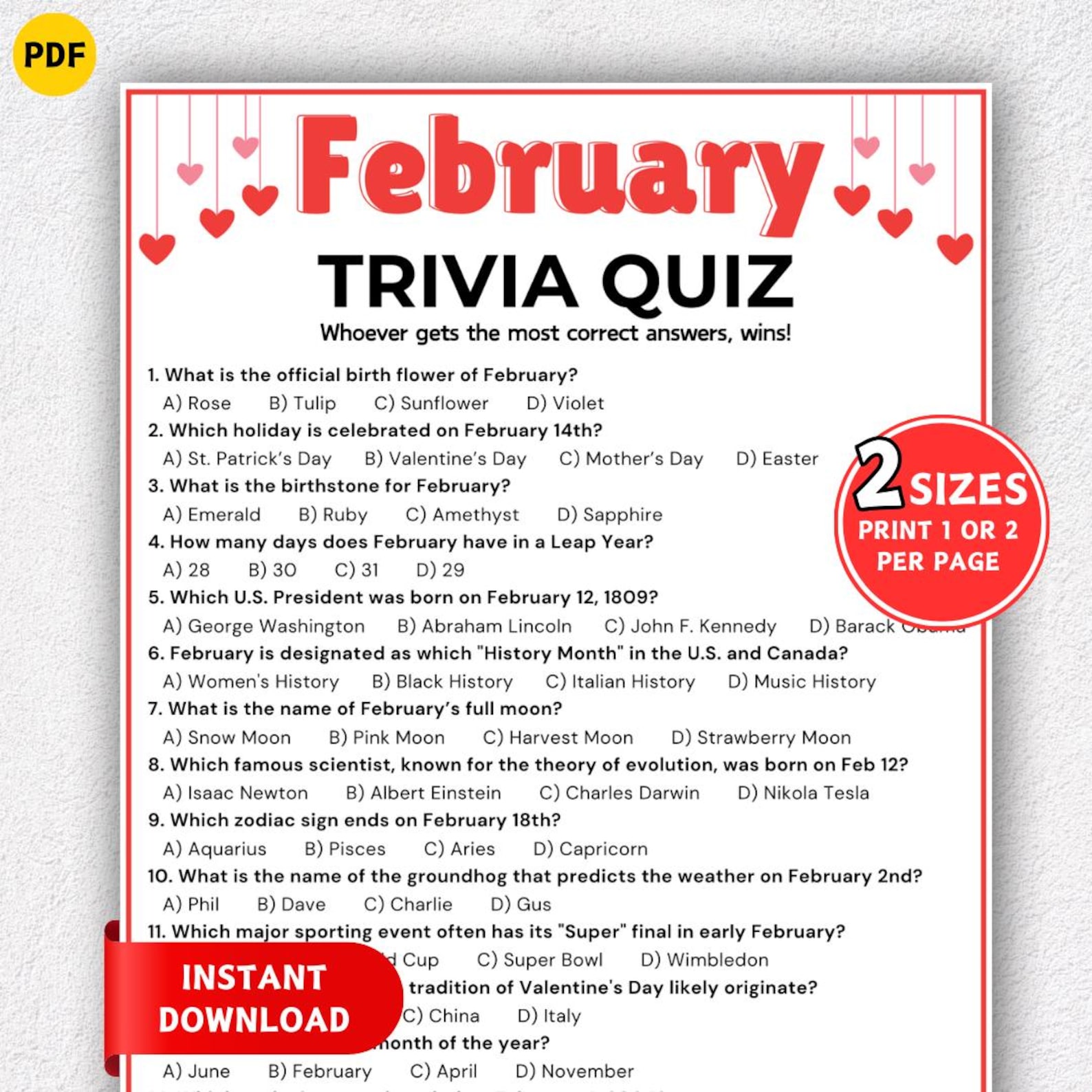 February Trivia Game, Valentines Day Trivia Quiz, Winter Season Games ...