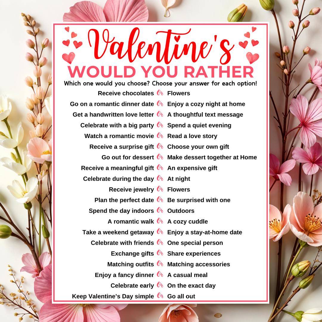 Valentine's Day Would You Rather Game, Printable Valentine's Game ...