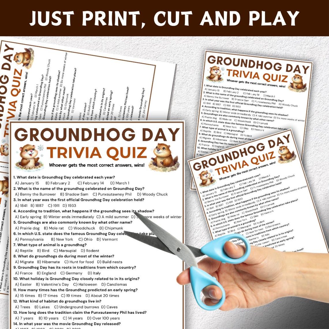 Groundhog Day Trivia Game, Printable Groundhog Day Activity, Family ...
