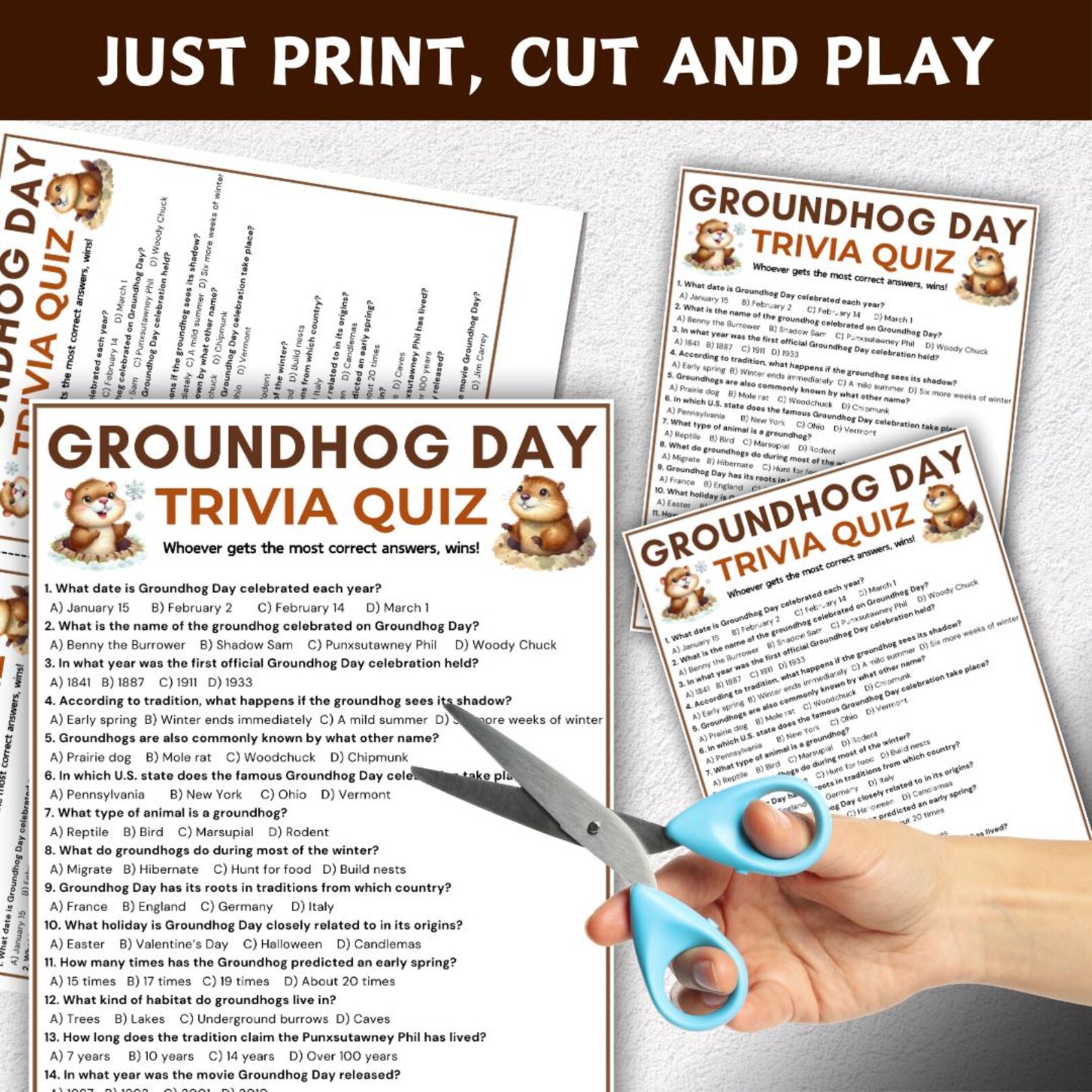 Groundhog Day Trivia Game, Printable Groundhog Day Activity, Family ...