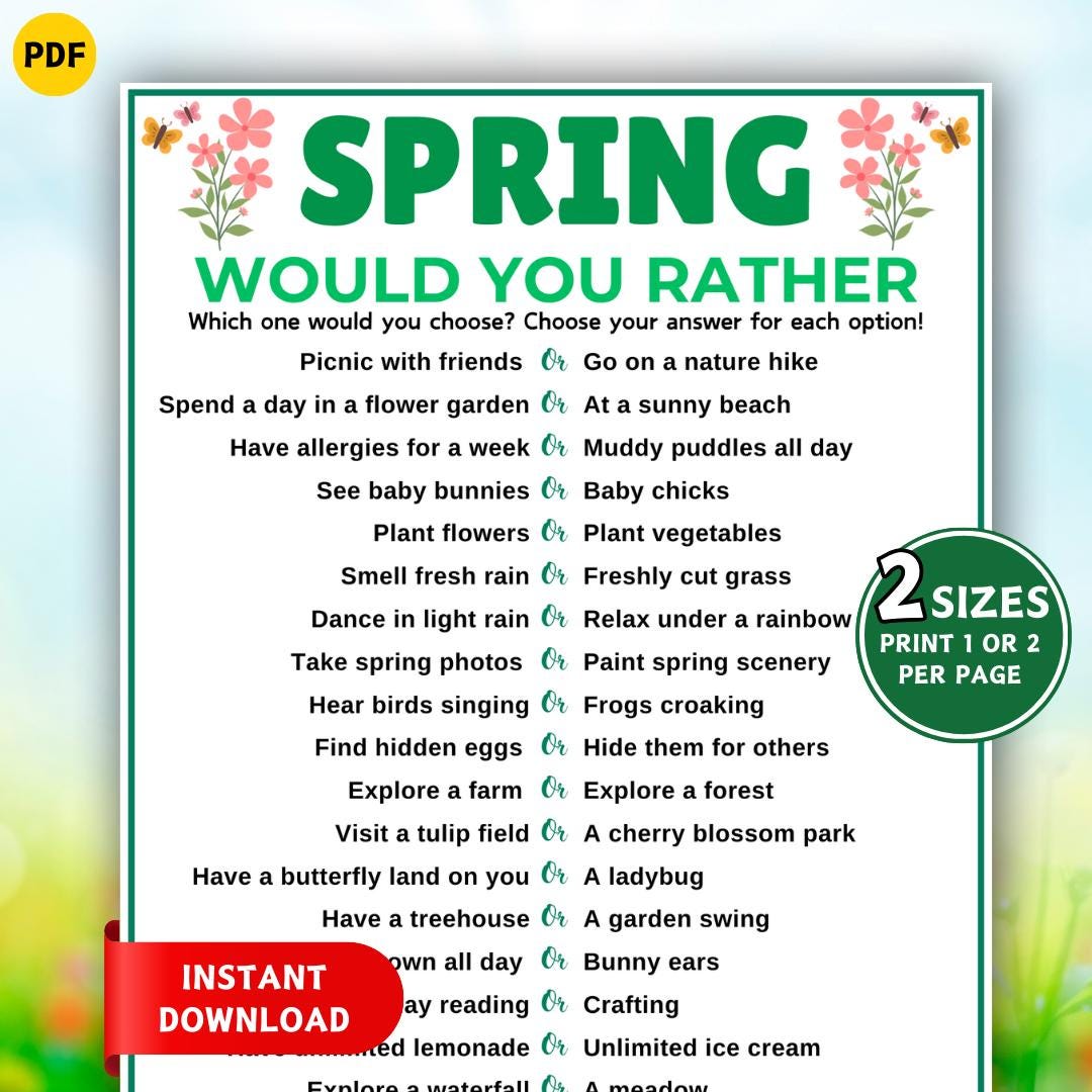 Spring Would You Rather Game, Printable Spring Game for Kids & Adults ...