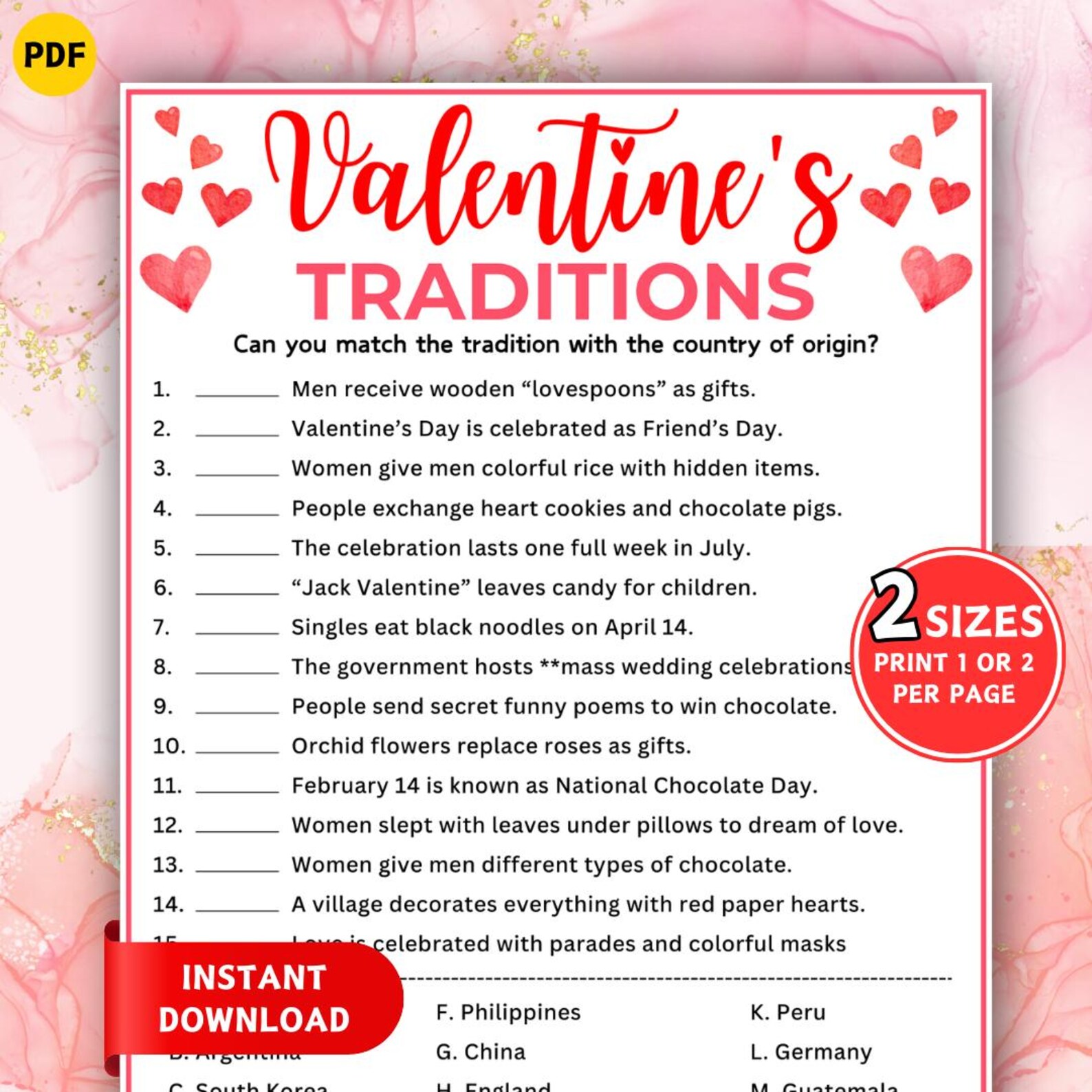 Valentine's Day Traditions Around the World Game, Valentine's Trivia ...