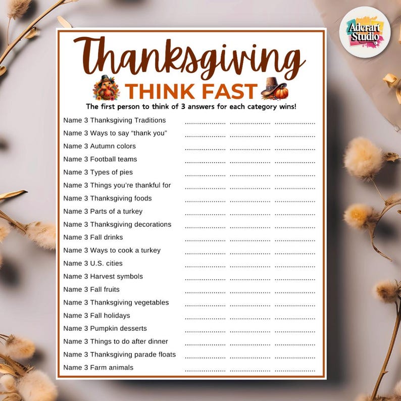 Thanksgiving Think Fast Game! Printable Thanksgiving Games, Think Quick ...