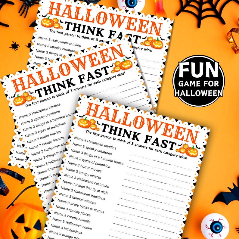 Halloween Think Fast Game! Printable Halloween Game, Think Quick Trivia ...