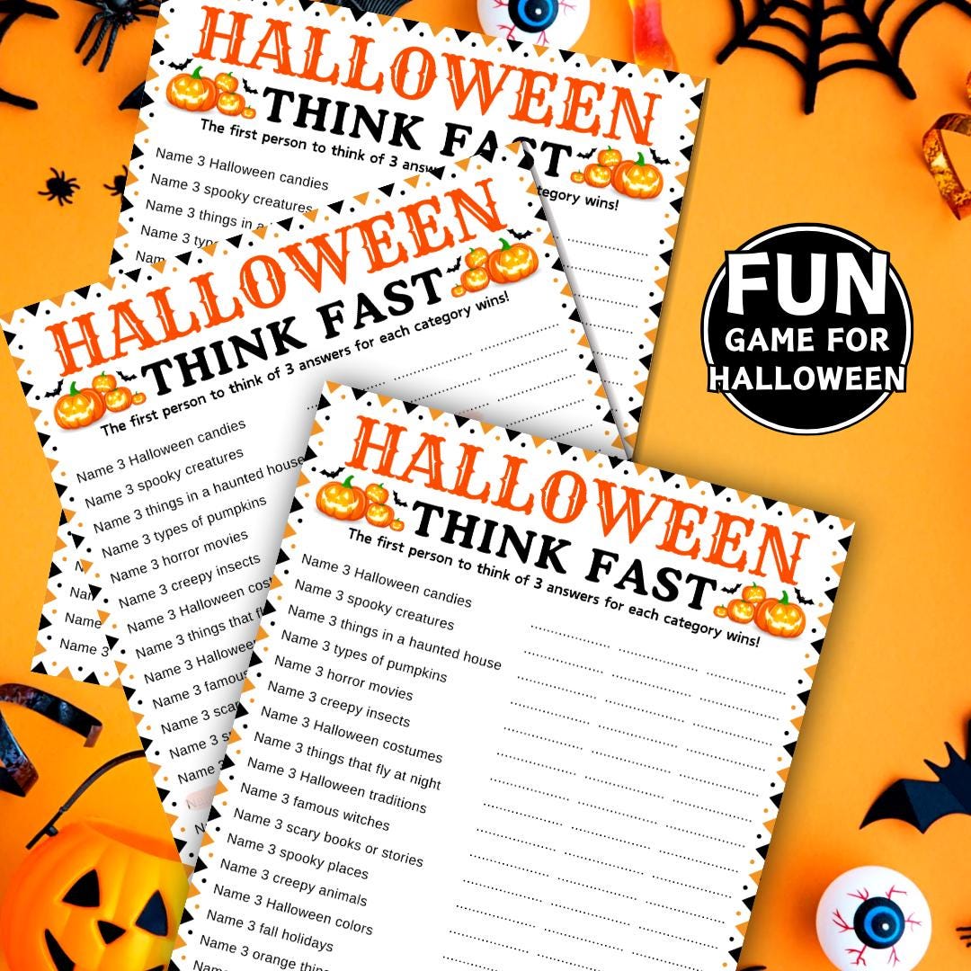 Halloween Think Fast Game! Printable Halloween Game, Think Quick Trivia ...