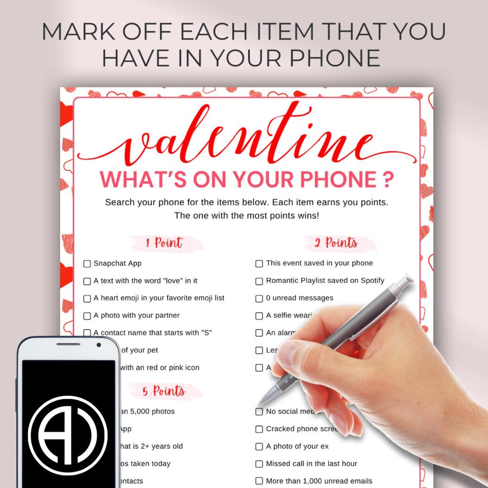 Valentine's Day What's on Your Phone Game, Valentines Printable Games ...