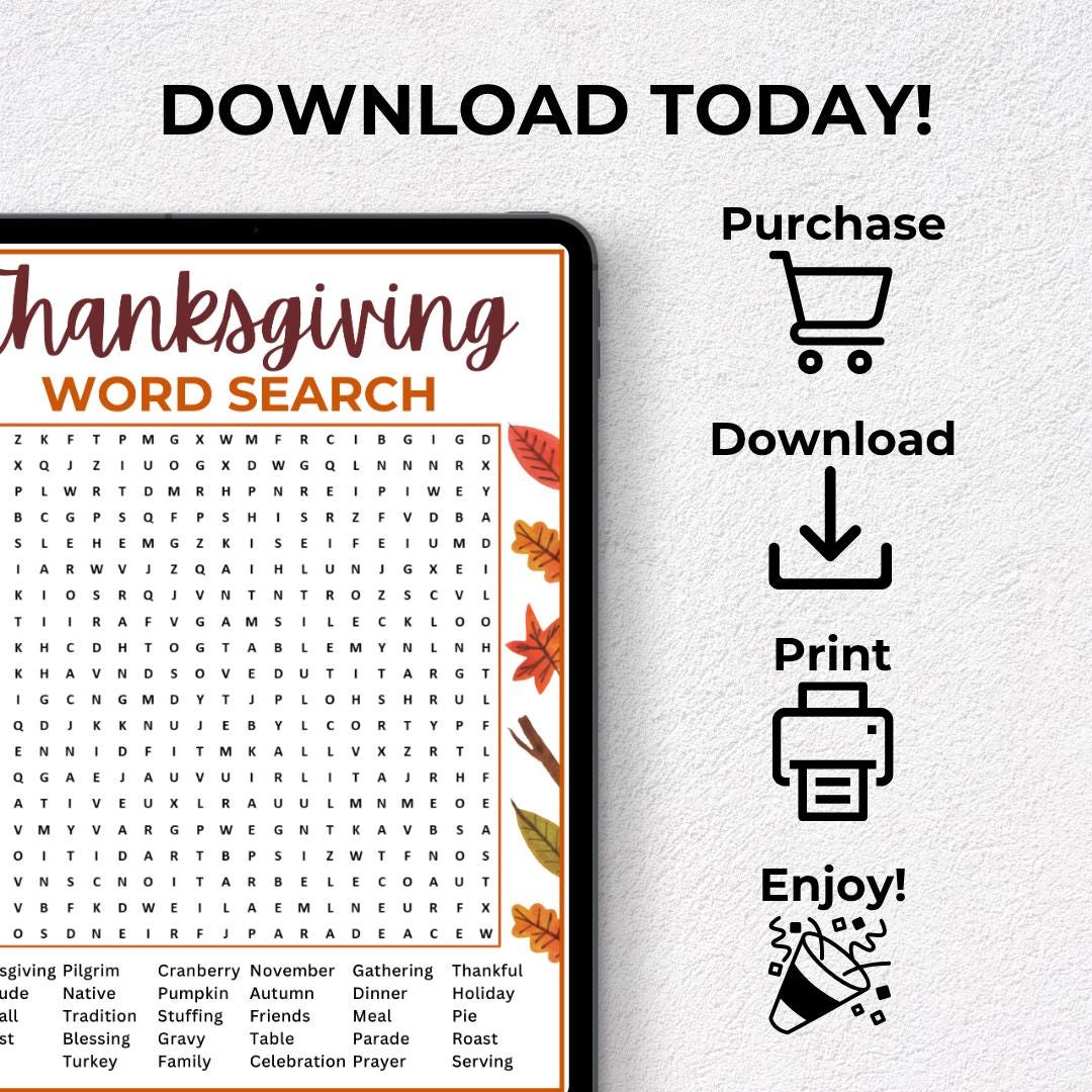 Thanksgiving Word Search Game, Printable Thanksgiving Party Games, Word ...