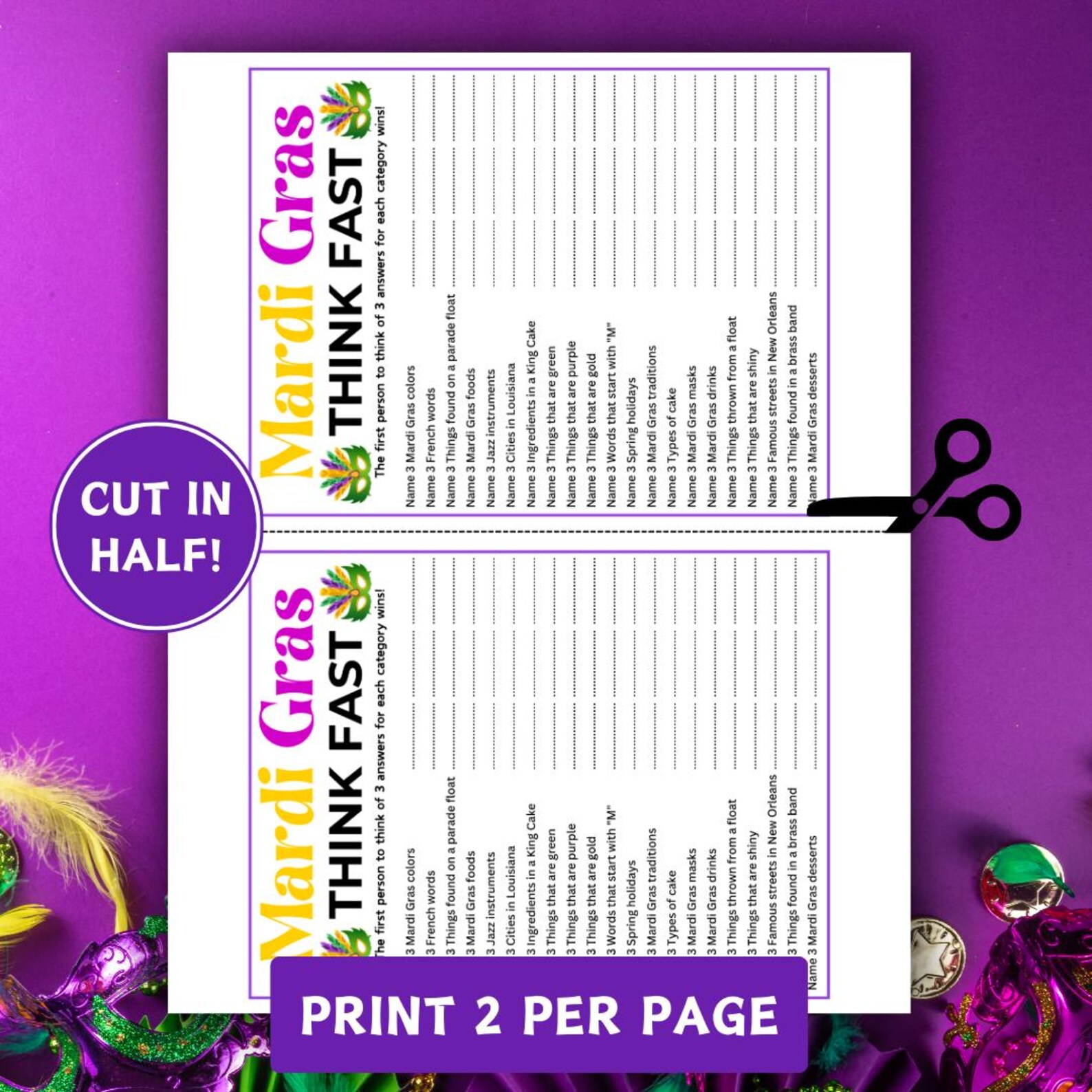 Mardi Gras Think Fast Game! Printable Mardi Gras Games, Think Quick ...