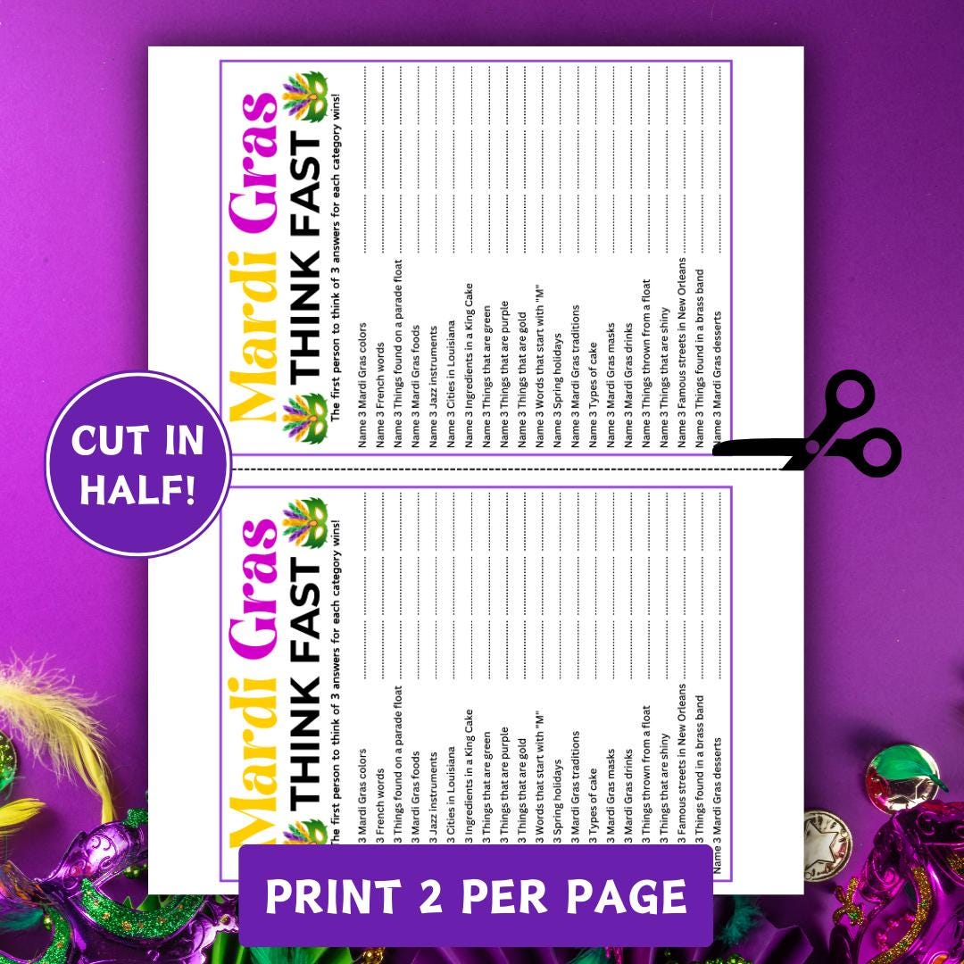 Mardi Gras Think Fast Game! Printable Mardi Gras Games, Think Quick ...