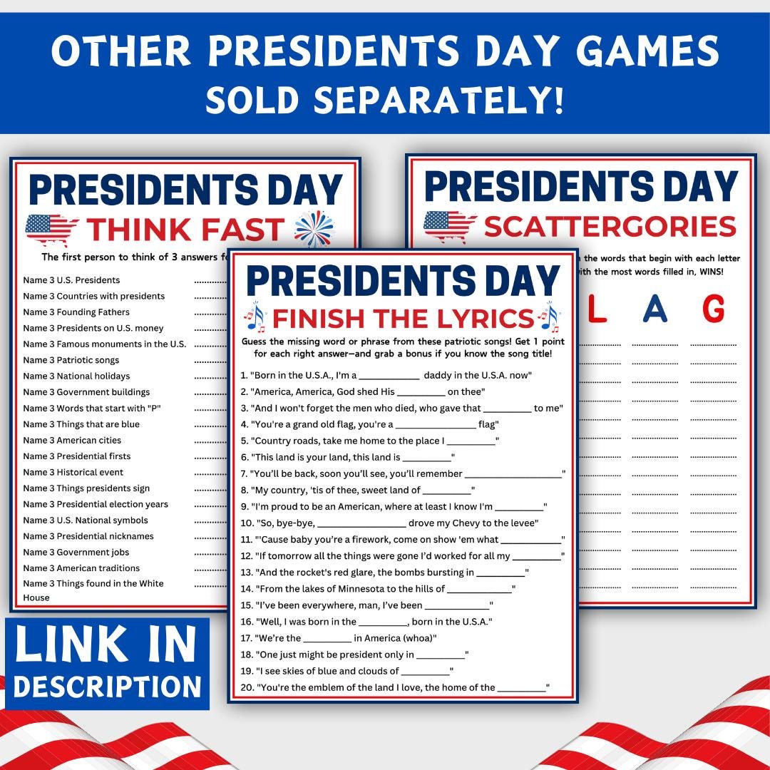 Presidents' Day Trivia Game, Printable Patriotic Trivia Quiz, Fun ...